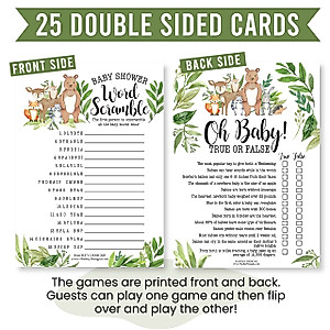 25 Woodland Word Scramble For Baby Shower, 25 True Or False Game, 25 Baby Animal Matching, 25 Nursery Rhyme Game - 4 Double Sided Cards Baby Shower Ideas, Baby Shower Party Supplies