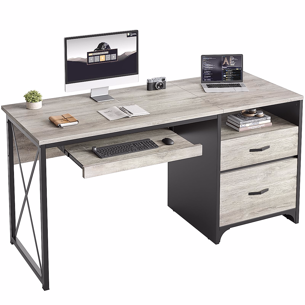 Bestier Office Desk with Drawers, 55 inch Industrial Computer Desk with Storage, Wood Teacher Desk with Keyboard Tray & File Drawer for Home Office, Light Gray Oak