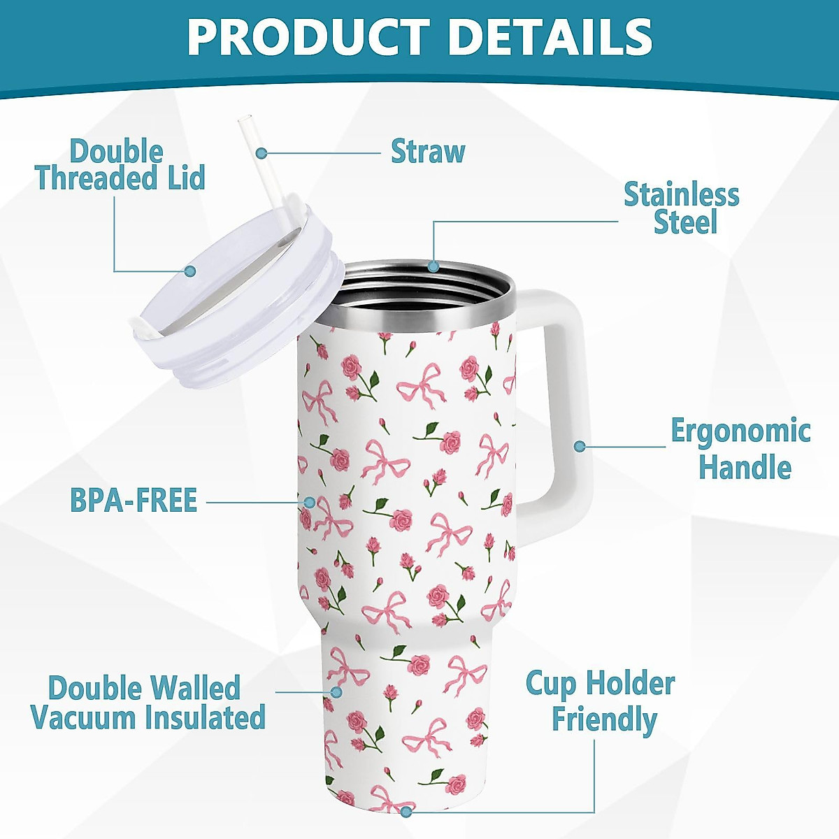 Tumbler with Handle and Straw Lid,Pink Bows Roses 40 oz Insulated Coffee Cup Stainless Steel Water Bottle Travel Mug Cupholder Friendly,Gifts for Women Men