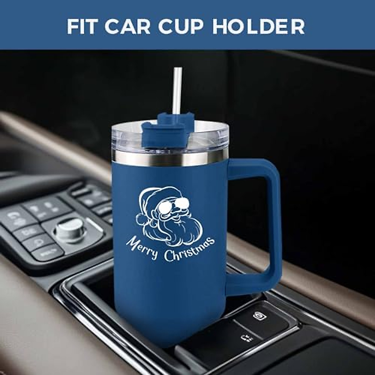 LB LEOBON 40 ounce insulated cup with handle, double-layer vacuum stainless steel material, equipped with straw, can keep warm or maintain cold drinks Santa Claus Merry Christmas Cowboy Blue