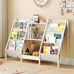 MAHANCRIS Kids Bookshelf and Toy Organizer, 3-Tier Kids Bookcase, Kids Sling Bookshelf, Toddler Toy Storage Organizer with Bookshelf, for Kids Room, Playroom, Bedroom, Nursery, White BKWT34201