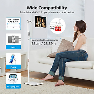 Spessn Tablet Floor Stand, Overhead Bed Phone Mount, Height Adjustable Universal Metal Tablet Holder, Phone Stand, Compatible with iPad, Samsung Galaxy Tab, Phone, Kindle, 4.5-12.9" (Light White)…