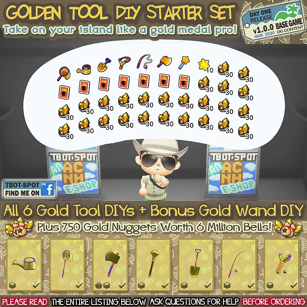 ACNH: Golden Tools Starter Set | All 7 Golden Tools & DIYs | 7.5 Million Bells in Gold Nuggets | 1.0 Base Game Content