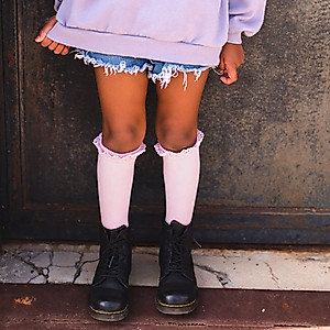 juDanzy Baby and Girls Knee High Lace Top Socks (6-10 Years, Hot Pink, Cream, and Light Pink)