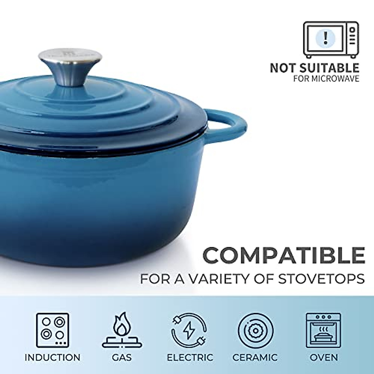 Trustmade 4.5 QT Cast Iron Dutch Oven, Enamel Coated Cookware Pot with Self Basting Lid for Home Baking, Braiser, Cooking, Blue