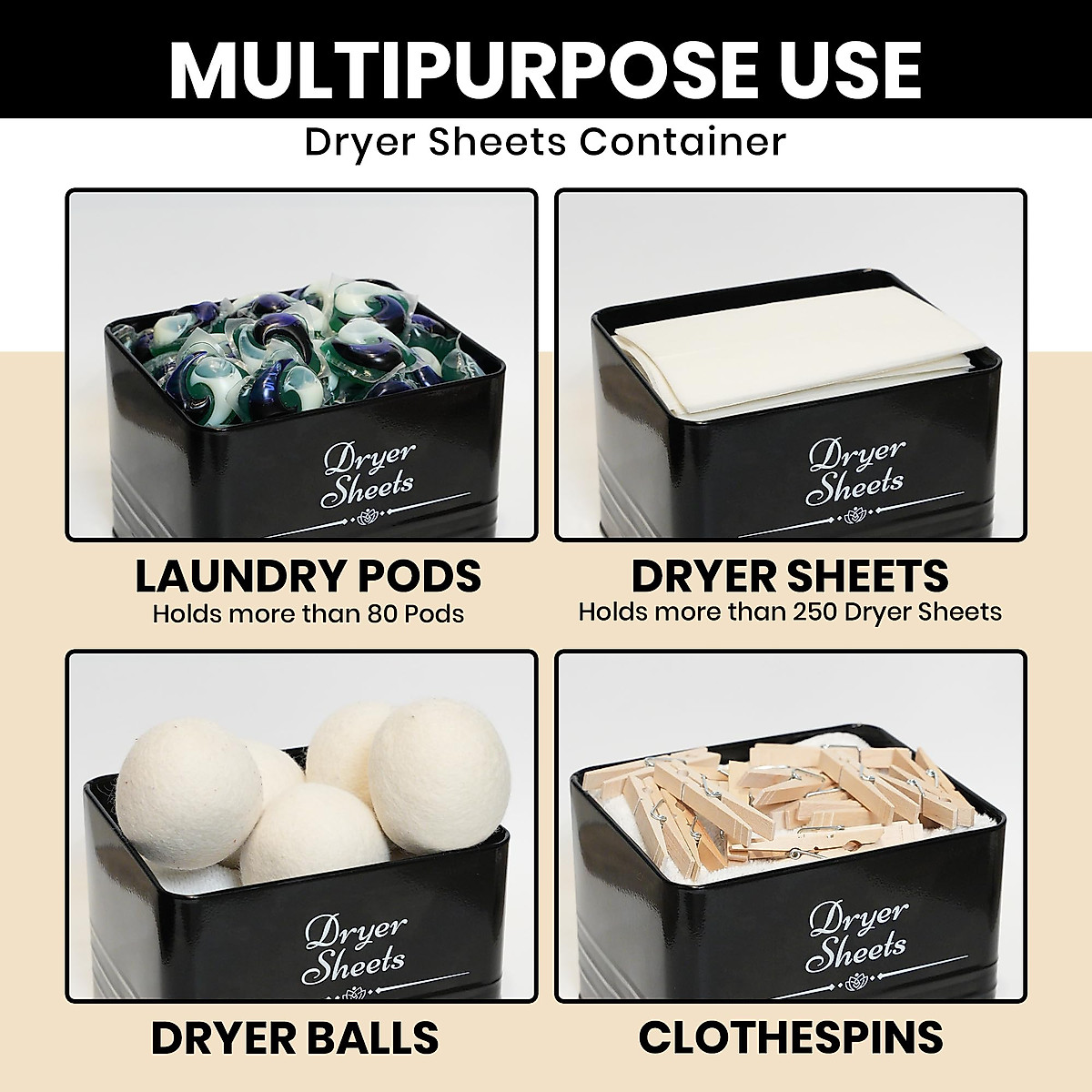 Farmhouse Metal Detergent Laundry Pods Container with Dryer Pod Sheet Holder for Laundry Room Organization and Storage with Scoop, Laundry Room Decor, Holds over 200 Laundry Pods and 300 Dryer Sheets