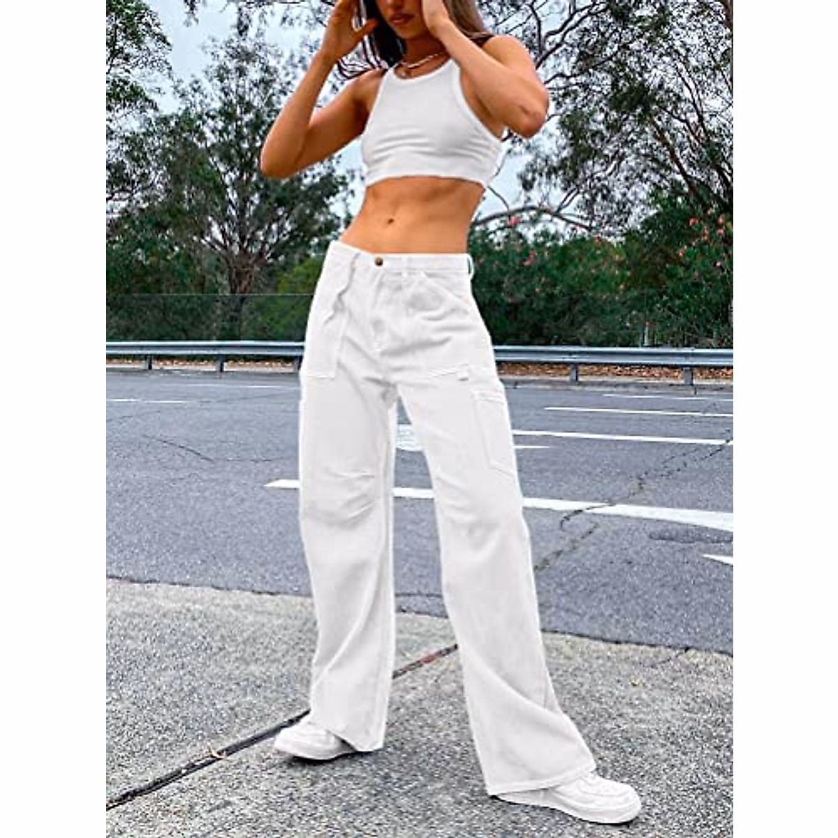 Dokotoo Womens Pants Lounge High Waisted Baggy Wide Leg Work Pants for Women Casual Combat Military Trouser Parachute Pants White
