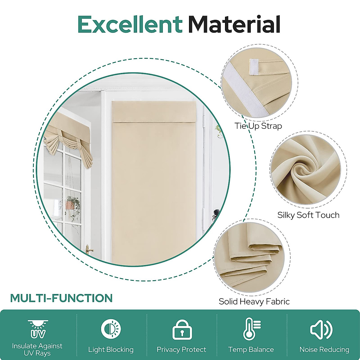 HOMEIDEAS Beige Privacy Blackout French Door Curtains, 26 X 68 Inch Room Darkening Blinds for Glass Door, Thermal Insulated Tie Up Shades Window Curtains for Bedroom, 1 Panel