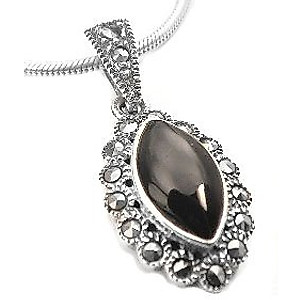 Sterling Silver Marcasite and Black Stone Flower Pendant