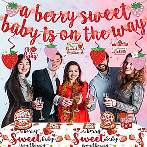 177 Pcs Strawberry Baby Shower Decorations, Berry Sweet Baby Shower Decorations A Berry Sweet Baby is on the Way Banner Tableware Hanging Swirls, Berry Sweet Baby Shower Strawberry Baby Shower Girl