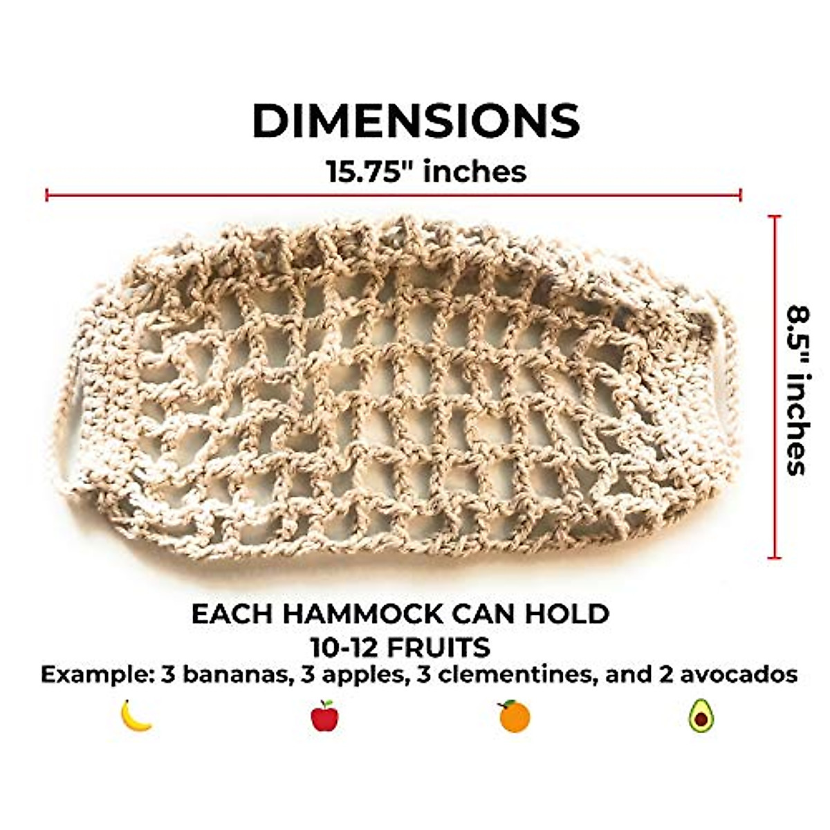 2 Pack Hanging Fruit Hammock - 2 Handwoven Cotton Produce, Banana, Macrame Fruit Hammocks For Kitchen Under Cabinet + 4 PCS Hooks - Storage That Saves Counter Space at Home, Boat, or Rv