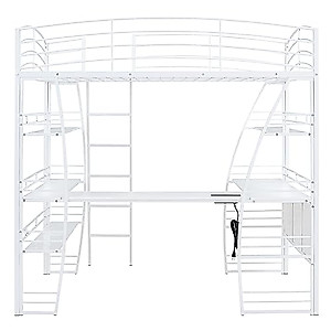 Lifeand Full Size Loft Bed with 4 Layers of Shelves and L-shaped Desk, Stylish Metal Frame Bed with a set of Sockets, USB Ports and and Wireless Charging, White