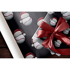 Cute Santa Hat Baseball Gift Wrap Thick Wrapping Paper Bball Themed Christmas Holiday Party Decoration (One 20 inch x 30 inch sheet)