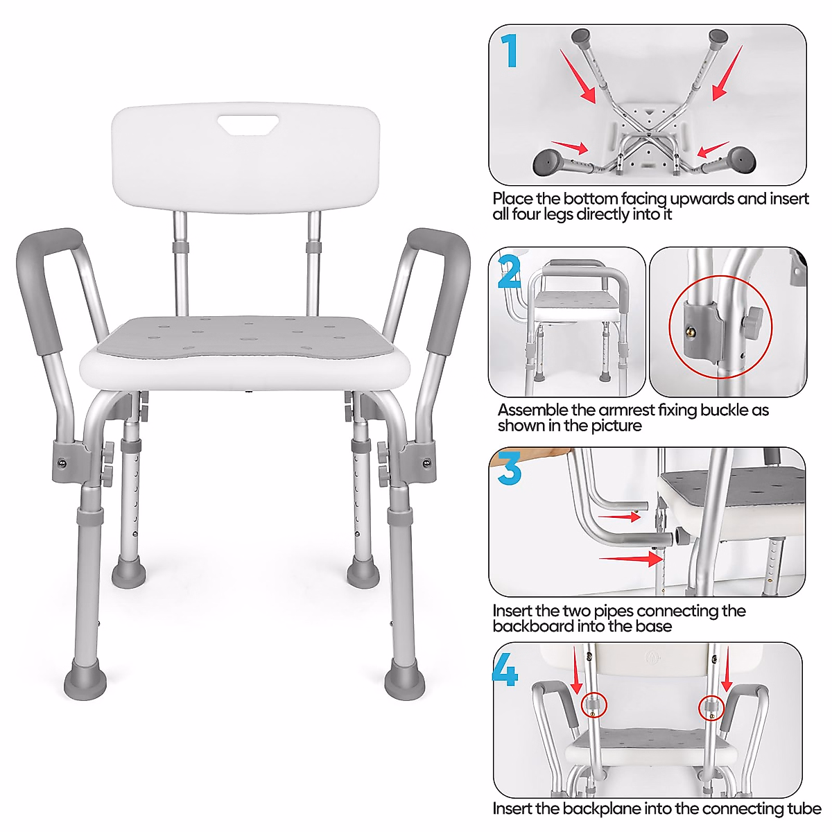 2024 New Shower Chair with Arms and Back,6 Levels Height Adjustable Shower Chair for Elderly and Disabled,Tool-Free Shower Seat for Bathtub,Shower Bath Chair for Elderly/Disabled