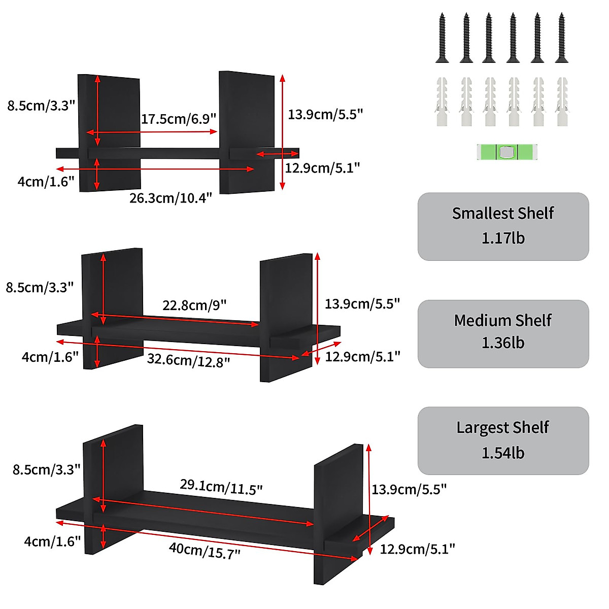 CRUGLA Black Floating Shelves Wall Mounted Set of 3, Hanging Storage Floating Book Shelf for Kitchen, Bedroom, Living Room, Study Room, Bathroom
