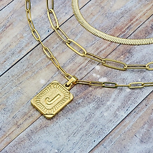 JoycuFF Dainty Layered Initial Necklaces Gift for Women, 18K Gold Plated Paperclip Chain Necklace Simple Cute Letter Pendant Initial M Choker Necklace Gold Layered Necklaces for Women