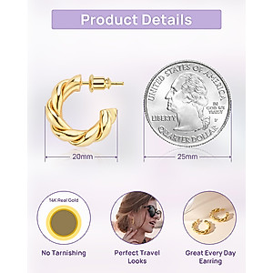 wowshow Chunky Gold Hoop Earrings, Twisted Hoop Earrings Lightweight Gold Hoops for Women 14K Gold Plated Hypoallergenic for Sensitive Ears 20mm