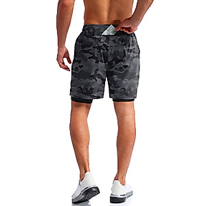 Pudolla Men’s 2 in 1 Running Shorts 7" Quick Dry Gym Athletic Workout Shorts for Men with Phone Pockets(Black Camo Large)