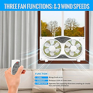 BEYOND BREEZE 9" Blades Twin Window Fan, 3-Speed 3-Function Expandable Dual Window Fan with Reversible Airflow Blades and Remote Control for Kitchen, Home, Bathroom, Width Adjustable