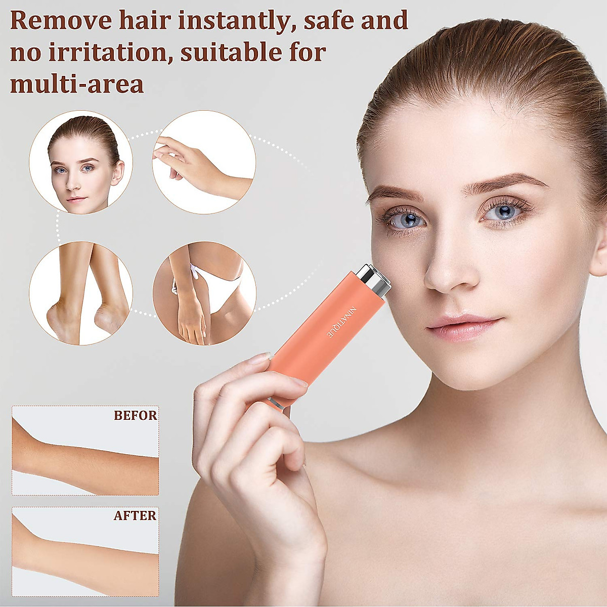 Ninatique Facial Hair Removal for Women ，Women's razor， Painless Hair Remover, Women's Painless Peach Hair Trimmer, Lipstick Size Hair Removal, Suitable for Upper Lip, Chin and Cheek (Living Coral)