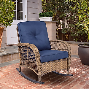 VIVIJASON Outdoor Wicker Rocking Chair, Patio Rattan Rocker Chair with Cushions & Steel Frame, All-Weather Rocking Lawn Wicker Furniture for Garden Backyard Porch (Navy Blue)