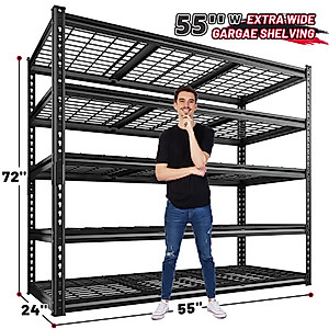 REIBII 55" W Garage Shelving 3000LBS Heavy Duty Storage Shelves 5 Tier Adjustable Metal Shelving Unit for Storage Rack Garage Storage Shelves Industrial Utility Shelf, 55" W x 24" D x 72" H
