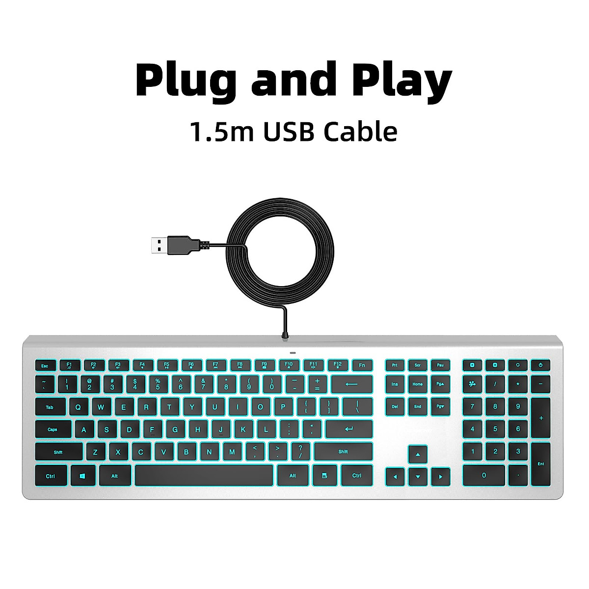 B.FRIENDIT Backlit Wired USB Keyboard, Comfortable Quiet, Low Profile Flat Chocolate/Scissor Keys, Durable Ultra-Slim for Windows 11/10/8/7/Vista Desktop PC, Laptop - Silver Black