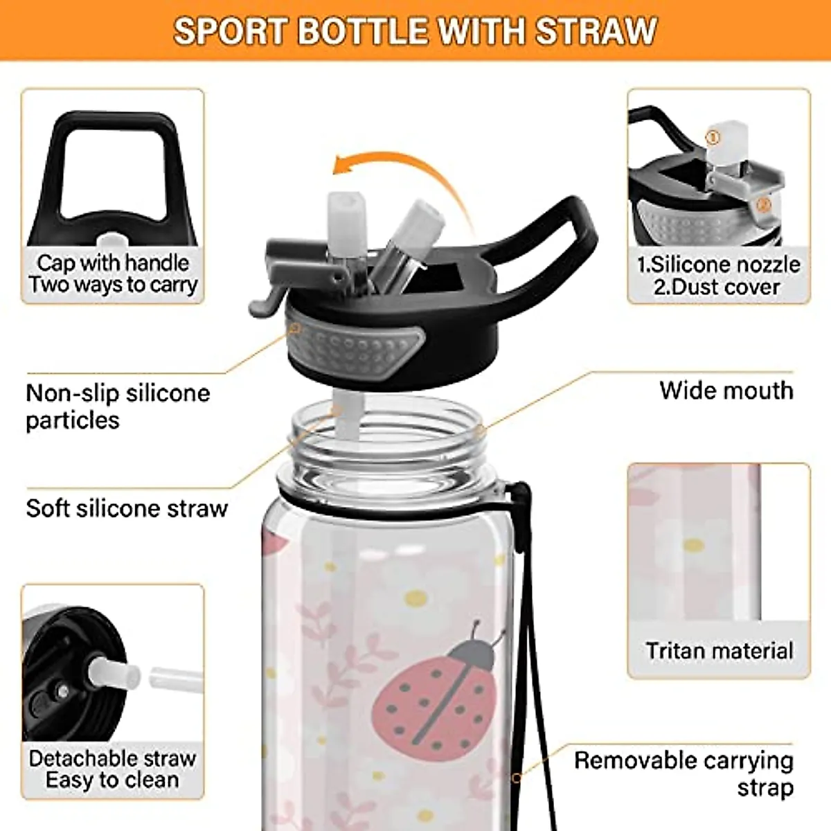 xigua Ladybug Water Bottle with Straw Lid,32 oz Leakproof Sport Water Bottle with Wide Handle for Gym,Cycling,School,Travel