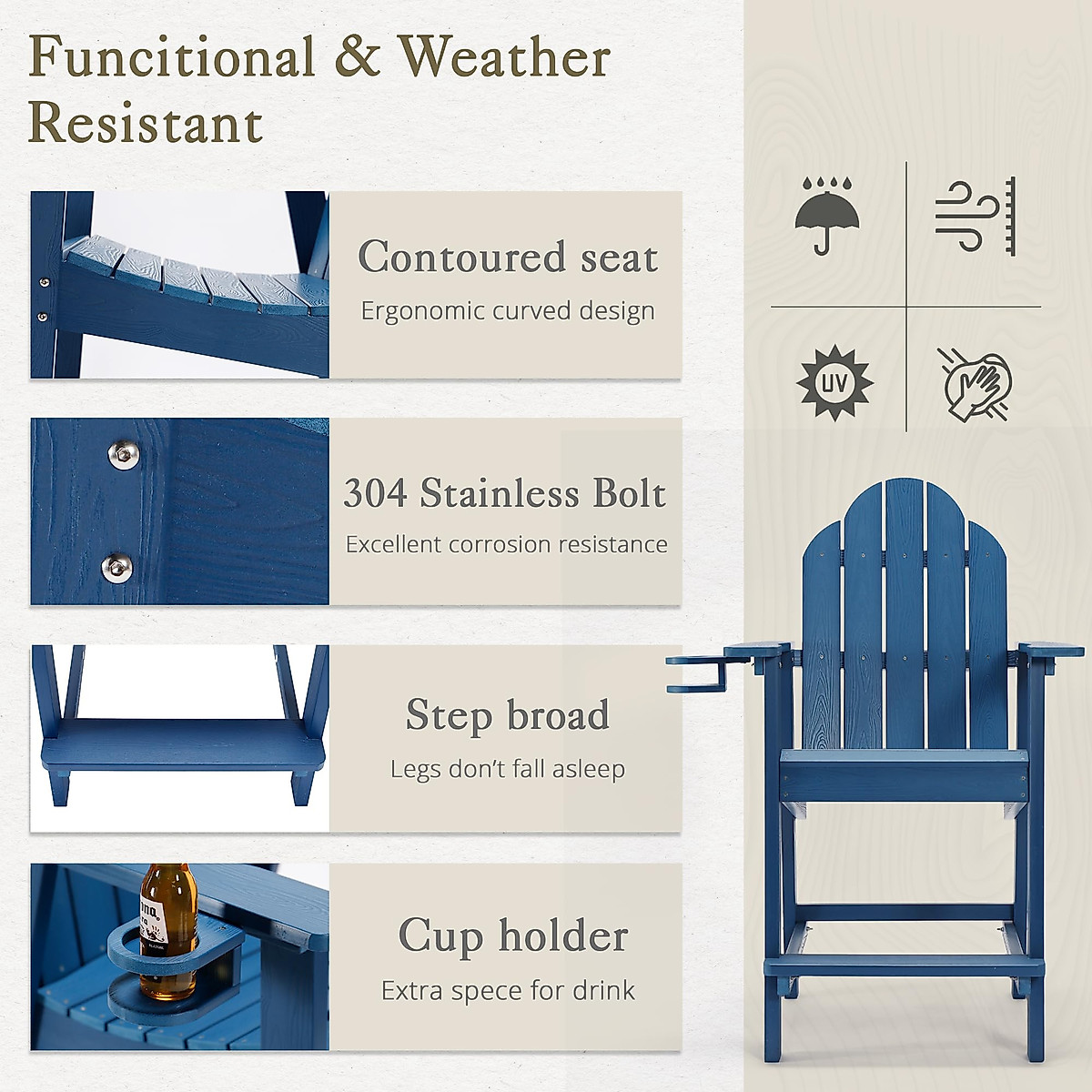 LUE BONA Tall Adirondack Chairs Set of 2 with Removable Table,Poly Adirondack Chair Bar Stools with Cup Holder, 25.6", 300Lbs, Weather Resistant Lifeguard Chair for Balcony,Deck