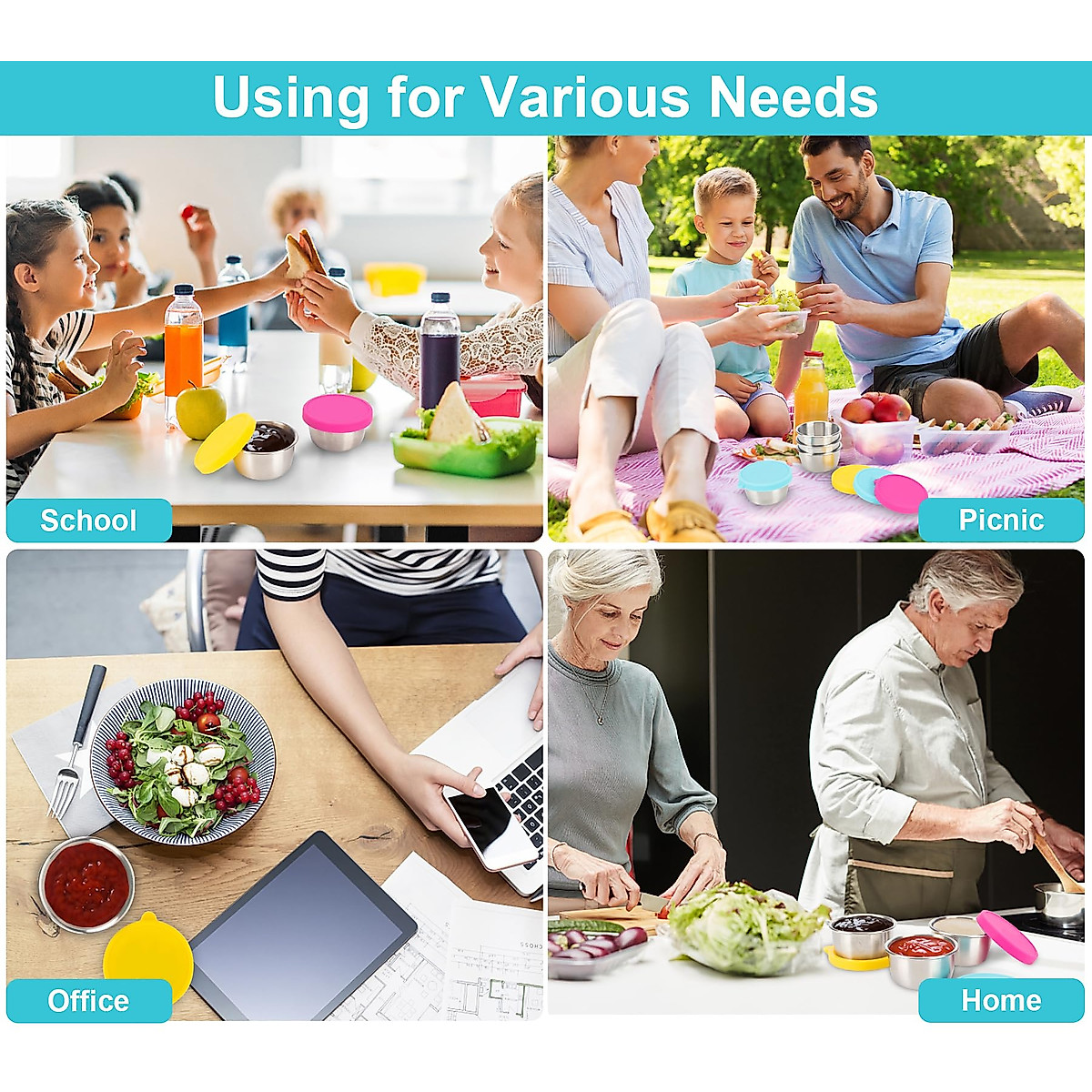 Ecurfu Salad Dressing Containers To Go, 3x1.5 oz Small Condiment Containers with Lids, 18/8 Stainless Steel Dipping Sauce Cups Set Leakproof, Fits in Kids Bento Box for Lunch, Picnic and Travel