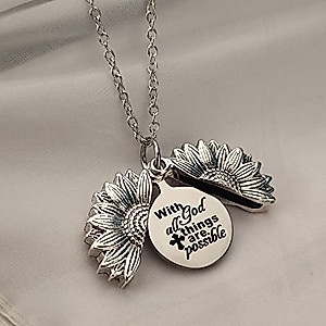 MXXGMYJ Christian Sunflower Necklace for Women Inspirational Sunflower Gifts for Girls Birthday Christmas Gifts With God All Things Are Possible Engraved Necklace
