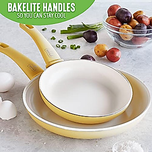 GreenLife Soft Grip Healthy Ceramic Nonstick, 7" and 10" Frying Pan Skillet Set, PFAS-Free, Dishwasher Safe, Yellow