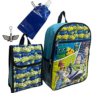 Toy Story Large Backpack 5 Pc Set W/ Lunch Box, Keychain, Collapsible Water Bottle, & carabiner Metal Clip (Black-Blue)