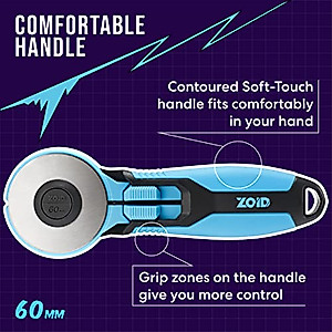Zoid 60mm Rotary Cutter with Grip, Fabric Cutter Wheel, Rotary Cutter Blade, Craft Cutting Tool, Freehand Tool For Dense Fabrics,Denim, Corduroy and Multiple Projects, Soft-Touch Handle