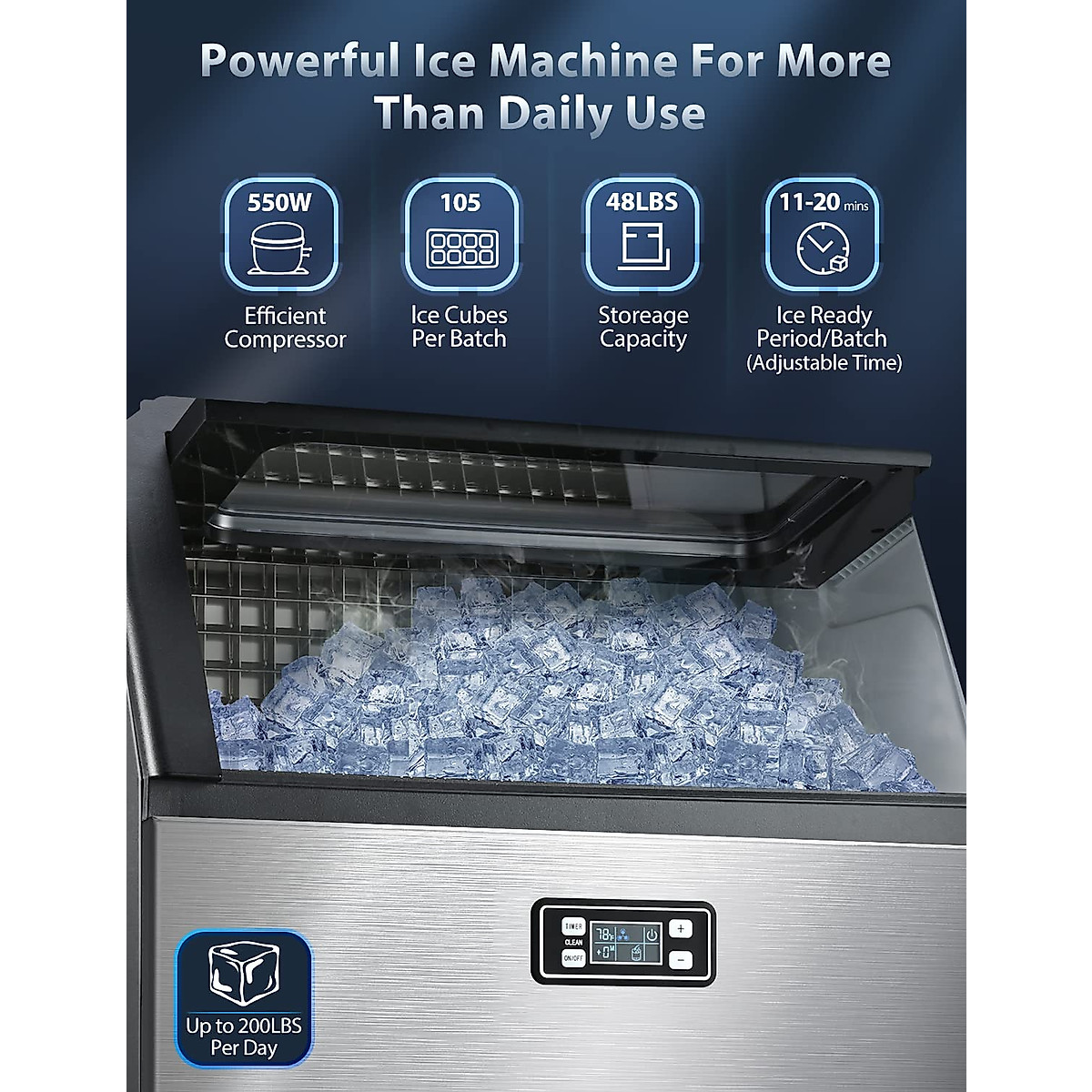 Commercial Ice Maker Machine Self Clean, 200lbs/24H Stainless Steel Ice Machine 105 Cubes/Batch in 11-18 Minutes with 48lbs Ice Storage Bin, Freestanding Ice Maker for Restaurant/Home/Food Truck