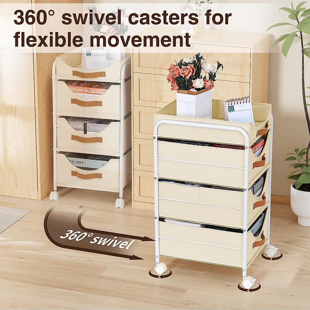 DIMJ Clothes Drawer 4 Tier - Fabric Closet Drawer System Easy Pull, Portable Closet Drawers for Clothes with Wheels, Small Closet Organizer & Replacement Drawers for Bedrooms, Office, Nursery, Beige