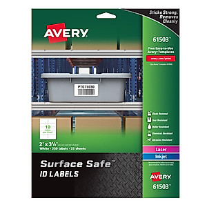 AVERY Surface Safe Durable ID Labels, Removable Adhesive, Water Resistant, 2" x 3-1/2", 250 Labels (61503), White