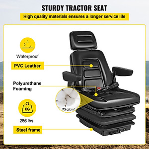 VEVOR Universal Tractor Suspension Seat, 35-170° Backrest Angle Adjustable Air Ride Seat Replacement w/Seat Belt & Safety Switch, Compatible with Forklift/Van/Mower, Black Vinyl