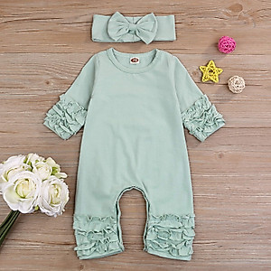 GRNSHTS Newborn Baby Girls Ruffle Romper Solid Long Sleeve Jumpsuit One-Piece Coming Home Clothes With Headband (Green, 1-3 Months)