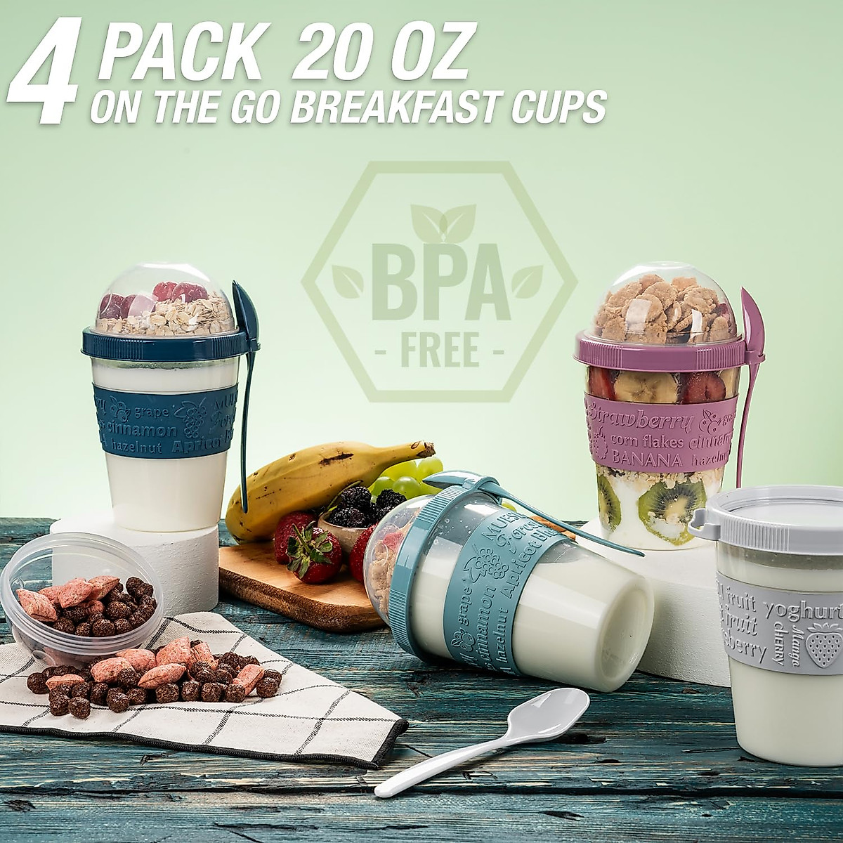 On The Go Cereal Yogurt Cups with Lids and Spoon, Overnight Oats Container, Reusable Parfait Plastic Milk Jar Breakfast Crunch Granola Oatmeal Smoothie Snack Prep Bowl To Take Along (4 Colors Set 2)