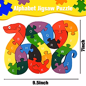 LOVESTOWN Alphabet Jigsaw Puzzle, Building Blocks Animal Wooden Puzzle, Wooden Snake Letters Numbers Block Toys for Kids Birthday Gifts
