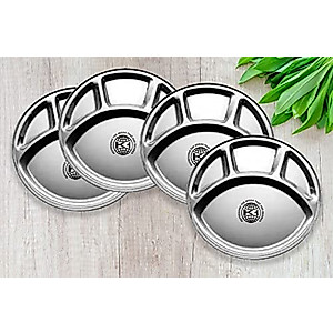 King International Stainless Steel Plates, Divided Indian Dinner Plate,Four Section Round Plates Set Of 4, 12'', Section Control Plate, Kids Plate, Indian Thali Plate