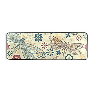 Dragonflies and Flowers Kitchen Rugs Non-Slip Soft Doormats Bath Carpet Floor Runner Area Rugs for Home Dining Living Room Bedroom 72" X 24"