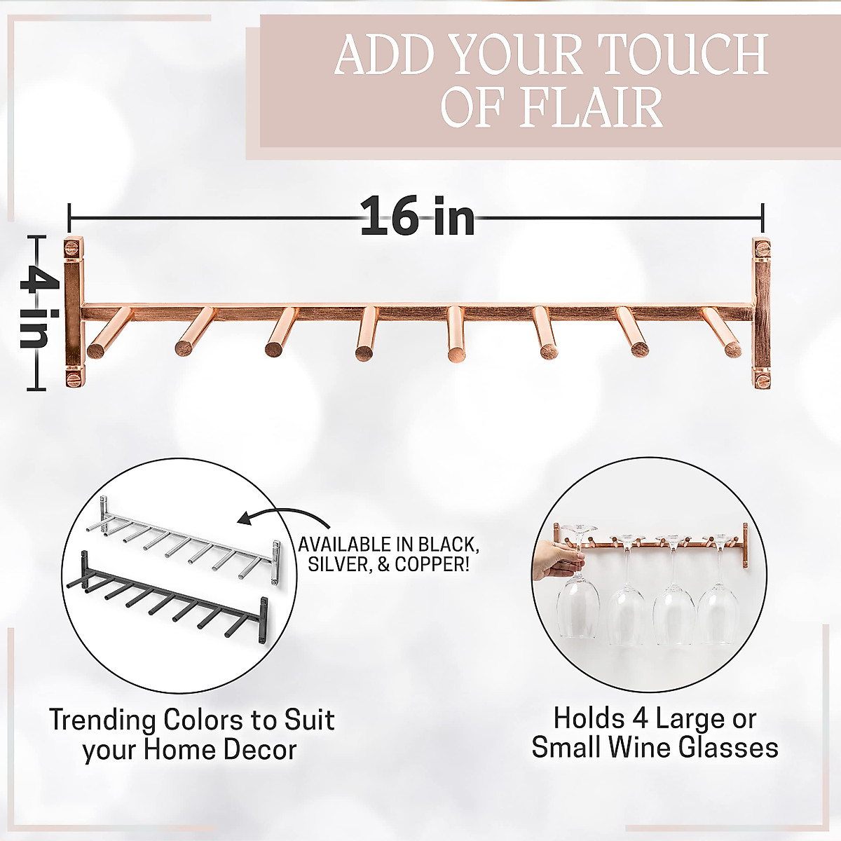 Wine Glass Rack, Wall mounted Wine Glass rack, Under cabinet Stemware Rack for Kitchen, Wine Glass Holder Glasses Storage Hanger Copper Hanging 4 Wine Glasses with class by Wanda Living - Copper