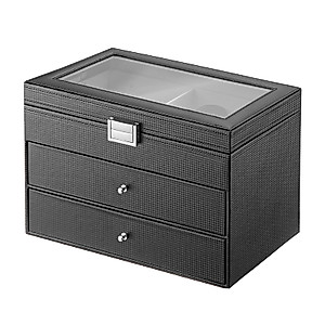 Oyydecor Sunglasses Organizer for Women Men, 3-layer 18 Slots Glasses Case Sunglass Eyeglasses Collector Eyewear Display Storage Box with Drawer Clear Glass Top, Carbon Fiber, Black