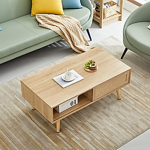 Modern Rattan Coffee Table with Sliding Door Storage, 41.3 Inch Small Wood Coffee Table with Solid Wood Legs, Boho Coffee Tables for Living Room