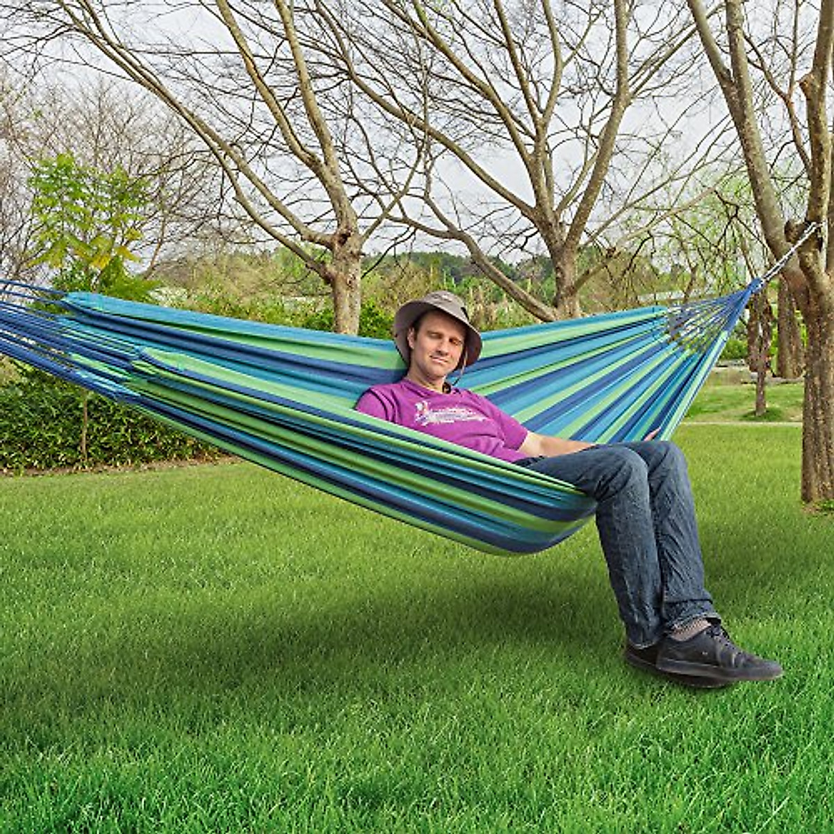 ONCLOUD Extra Long and Wide Double Hammock for Travel Camping Backyard, Porch, Outdoor or Indoor Use, Carrying Pouch Included (Blue/Green Stripes)