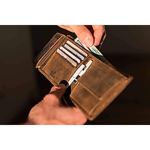 DiLoro Mens Buffalo Leather Wallet Bifold Flip ID Section Coin RFID Protection Full Grain Credit Card Holder Purse (Dark Hunter Brown)