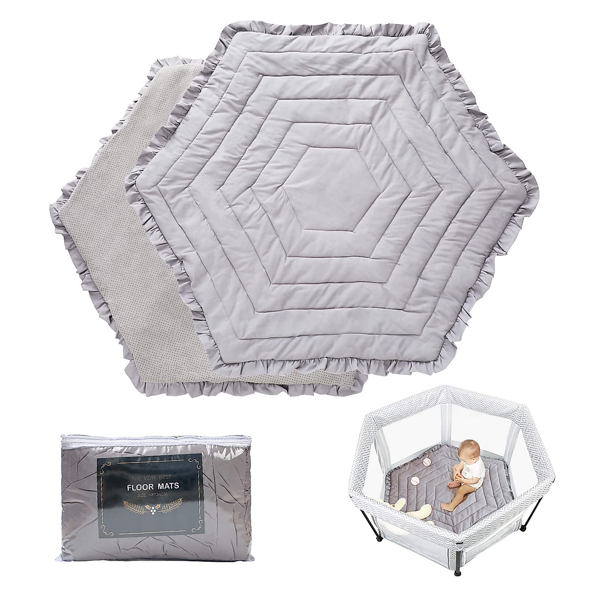 Hexagon Playpen Mat | Playard Mattress | Baby Floor Mat Fit Regalo 53" Play Yard | One-Piece Crawling Mat Non Slip Comfortable for Babies & Toddlers (Gray)