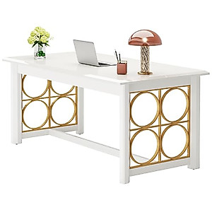 LITTLE TREE 63-inch White Executive Desk, Modern Office Desk with Stable Gold Metal Legs, Large Office Computer Desk, Home Office Business Furniture, Glossy White